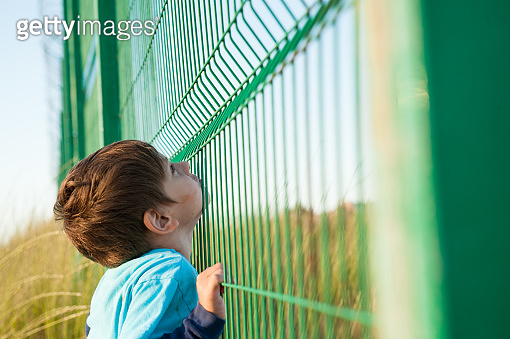poor little child refugee looking up for freedom holding cage fence on ...