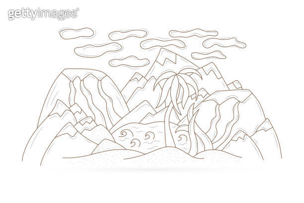 Doodle oasis with lake, volcano, sandy mountains and palm tree isolated ...