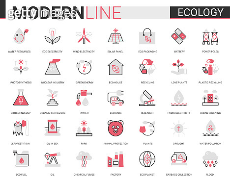 Ecology flat line icon vector illustration set of ecosystem ...