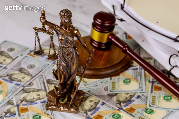 Judge gavel, lawyer office law and justice with a dollar sign ...