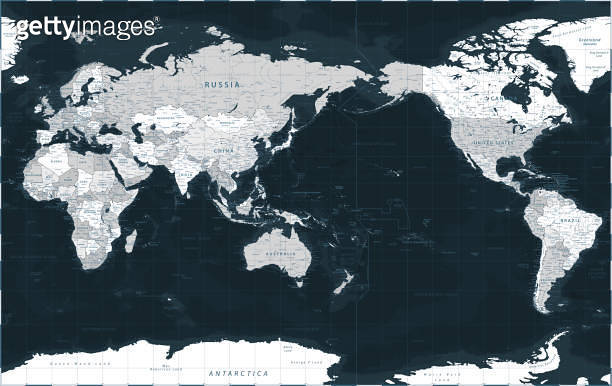 World Map - Pacific View - Asia China Center - Dark Black Grayscale ...