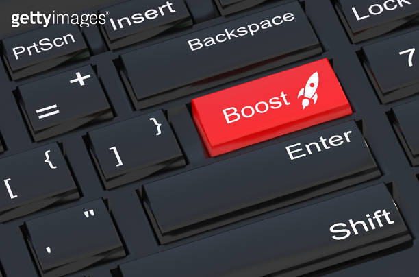 Boost button at the black computer keyboard. 3D illustration ...