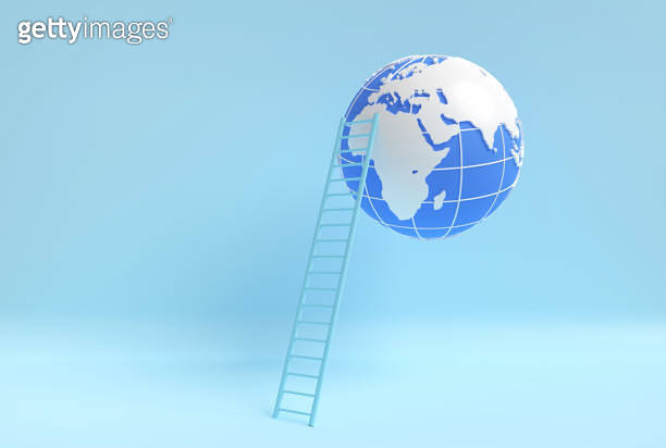 Ladder leans to the Earth planet against blue solid background. 3D ...