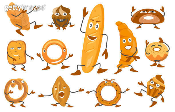 Set of bread characters. Wheat, rye and whole grain bread. Funny ...