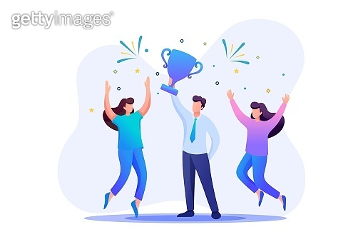 Successful businessman celebrating a victory, teamwork. Flat 2D ...