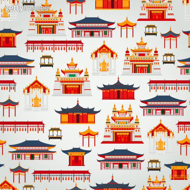 Seamless vector pattern with Chinese traditional buildings and temples ...