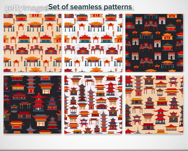 Set of seamless patterns with traditional Chinese temples 이미지 ...