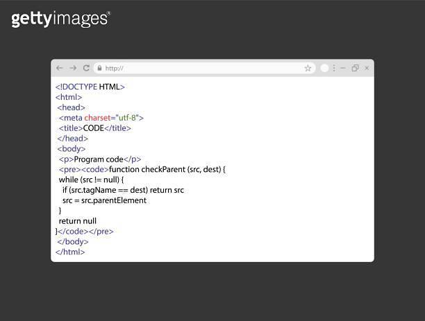 Simple html code on white web page. Realistic browser window with css code. Website development ...