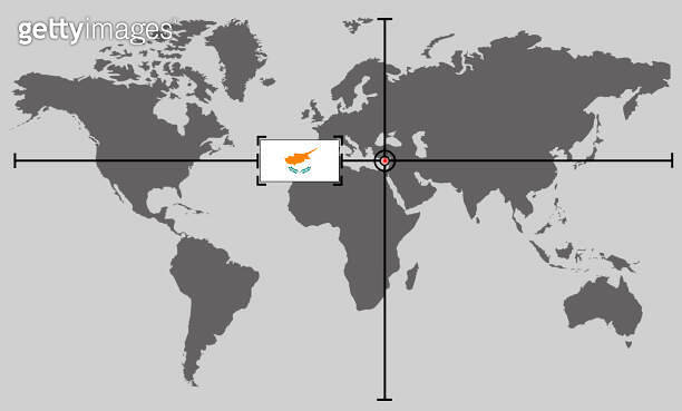 World map with coordinate point positioned by crossed lines on country ...