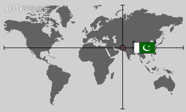 World map with coordinate point positioned by crossed lines on country ...