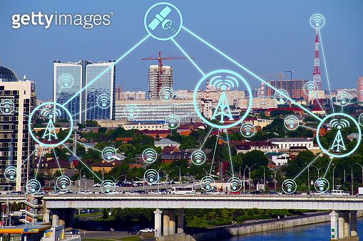 IOT, Internet smart city and network connect Wi-Fi access points ...