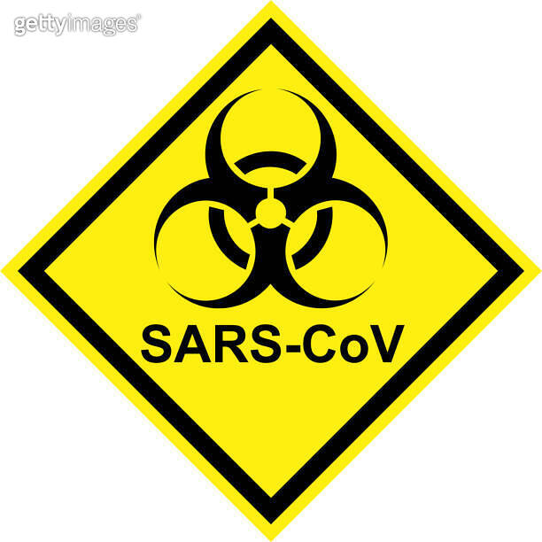 Yellow hazard sign with biohazard symbol and SARS-CoV text (1215528970 ...