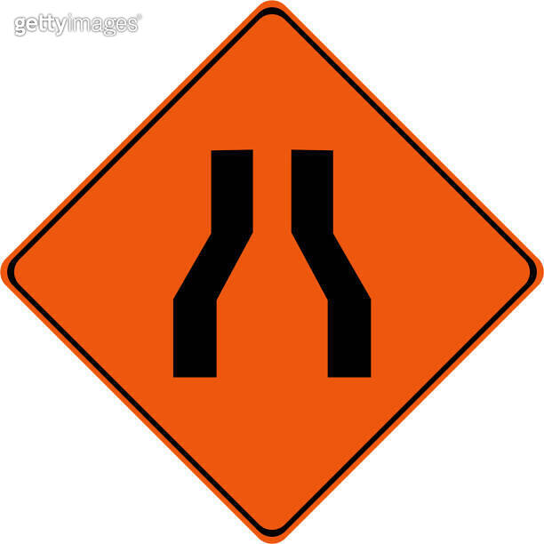 Warning sign with narrow road symbol 이미지 (1225677712) - 게티이미지뱅크