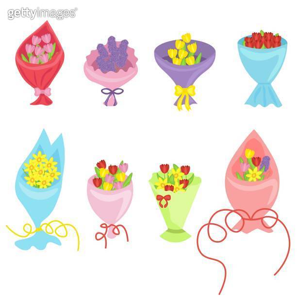 Set of bouquets with spring flowers in a beautiful wrapper isolated on ...