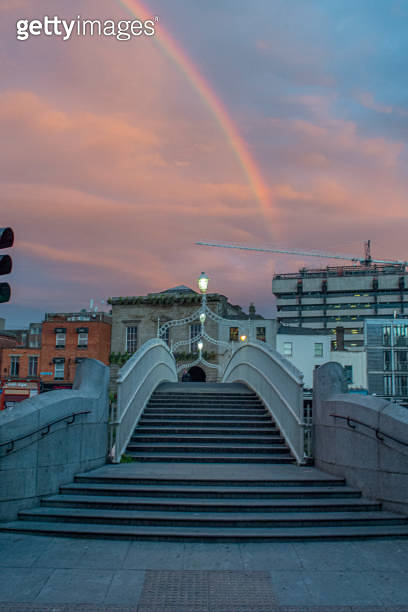 Dramatic sunset and rainbow over Dublin City, Ha'penny Bridge, Dublin ...