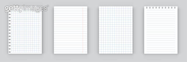 Realistic paper set. Notepapers collection. Blank gridded notebook papers. Design lines, grid ...