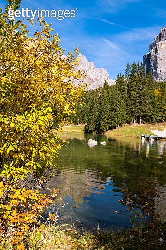 Autumn alpine Dolomites rocky mountain and small lake scene, Sudtirol ...
