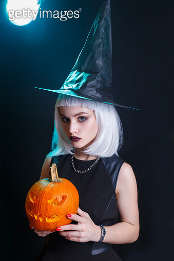 Beautiful Woman In Witch Hat And Costume Holding Carved Pumpkin Happy Halloween 이미지 1277360033