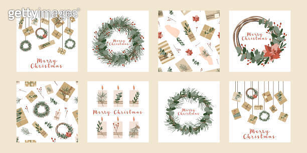 Set of square christmas cards, invitation. Presents in kraft paper and ...