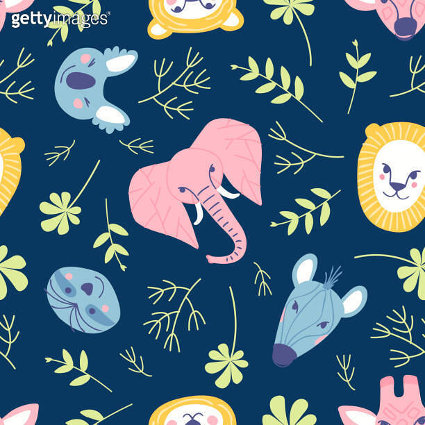 Simple animal portraits seamless pattern - sloth, koala, lion, elephant ...