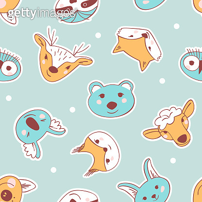 Simple animal portraits seamless pattern - bear, squirrel, hare, fox ...