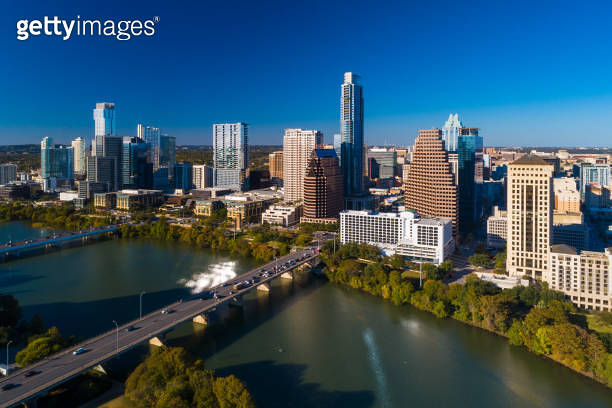 Aerial View of Downtown Austin with Colorado River and Bridges in ...
