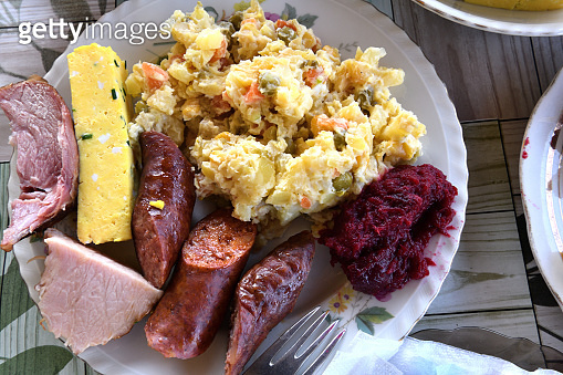 Typical Slovak Easter food, sacred cheese, ham, eggs, sausage and ...