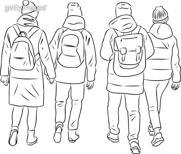 Vector outline drawing of students friends walking outdoors 이미지 ...
