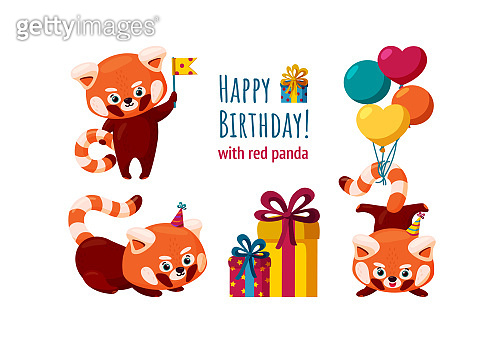 Red pandas ready for a birthday party. Red panda with balloons ...
