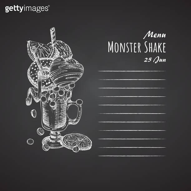 Monster shake dessert menu, chalkboard background. Hand drawn black and ...