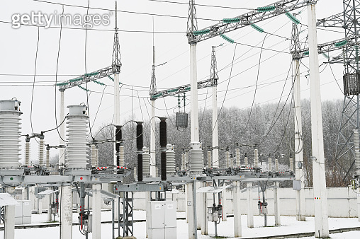 City electrical substation, close-up, transformer with high-voltage ...