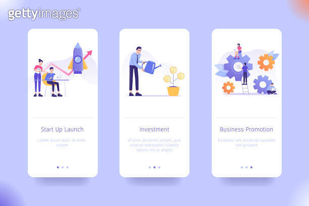 Mobile application design template set for Start Up Launch, Investment ...