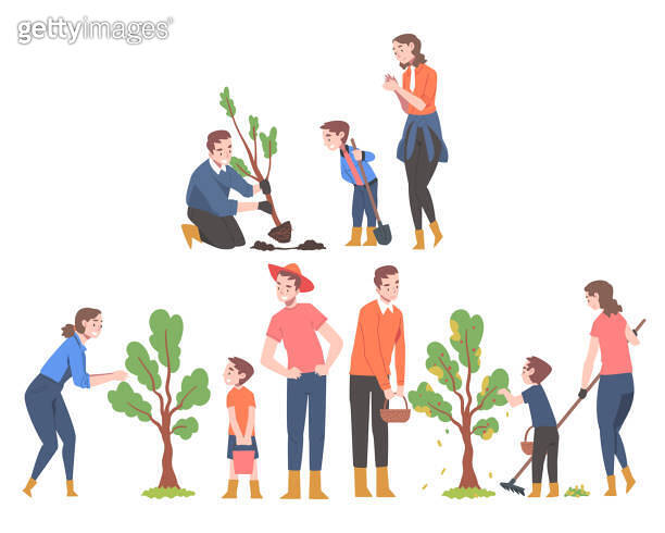 People Characters Planting Tree Sapling Picking Fruits Vector ...