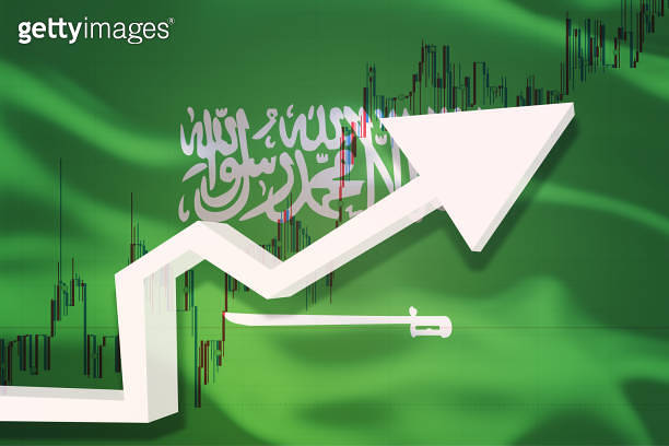 Saudi Arabia growth chart. White 3D arrow and stocks chart grows up on ...