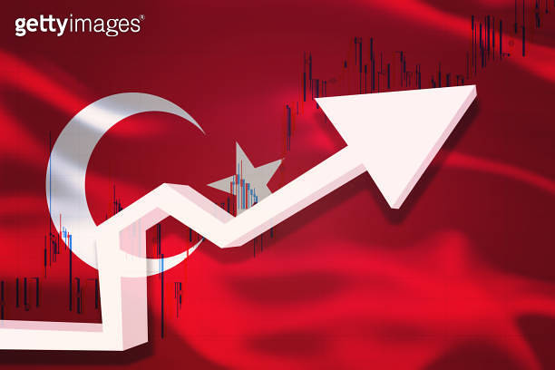 Turkey growth chart. White 3D arrow and stocks chart grows up on the ...