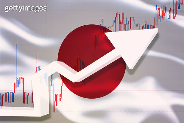 Japan growth chart. White 3D arrow and stocks chart grows up on the ...