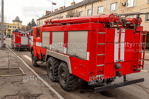 Ukrainian fire brigade department engine at educational exercises in ...