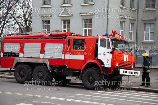 Ukrainian fire brigade department engine at educational exercises in ...