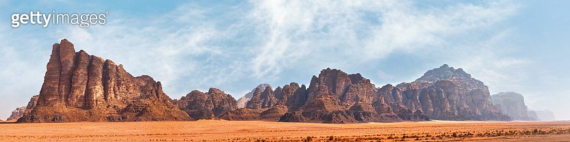 Panorama of Seven Pillars of Wisdom rock formation as seen from visitor ...