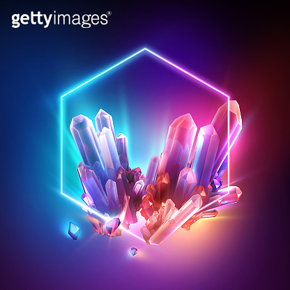 3d render, abstract colorful neon background with crystals inside the ...