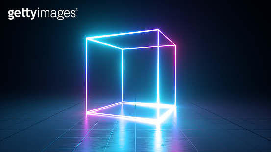3d render, abstract geometric ultraviolet background, blue neon cube ...