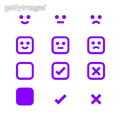 purple glowing icon emotions face, emotional symbol and approval check ...