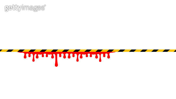 caution tape line yellow black stripe and blood drop isolated on white ...