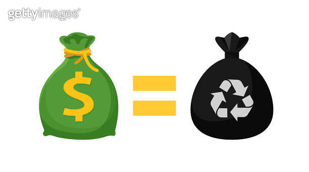 icon money bag and garbage bags, symbol of sack garbage waste and money ...