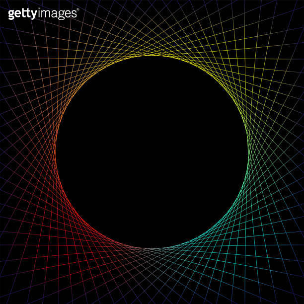 colorful sparkling circle frame lines on dark black, background light line circle shape for ...