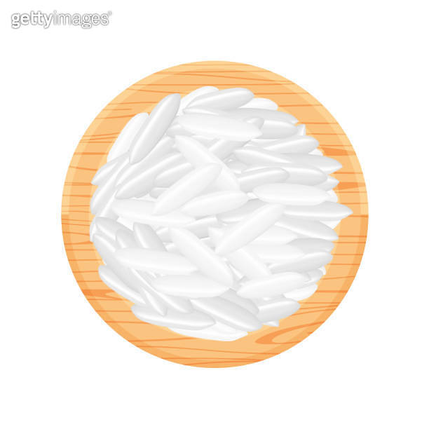 rice seed raw on circle wood plate, isolated on white, grains rice and ...