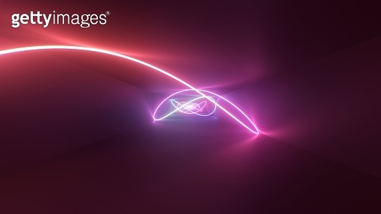 Ultraviolet Neon Laser Curve Glows Inside Reflective Endless Tunnel - Abstract Background ...