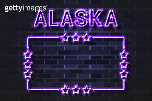 Alaska US State glowing violet neon letters and starred frame on a ...