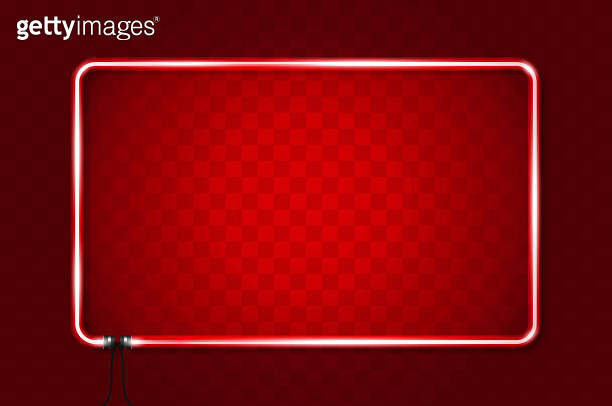 Glowing rounded rectangular neon frame, red background. Realistic vector illustration 이미지 ...