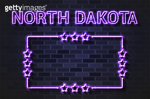 North Dakota US State glowing violet neon letters and starred frame on ...